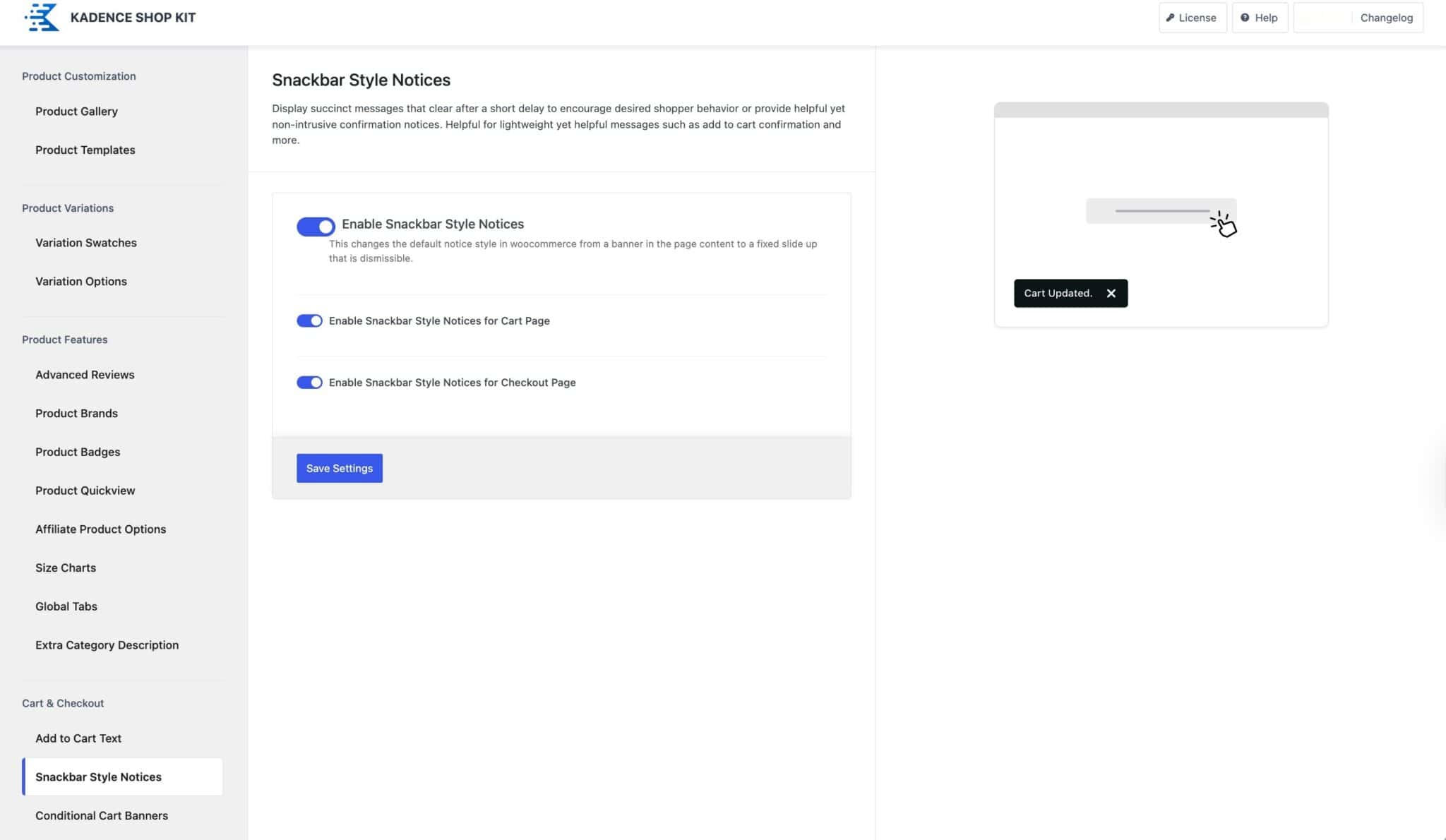 Snackbar Style Notices - Kadence WP Documentation